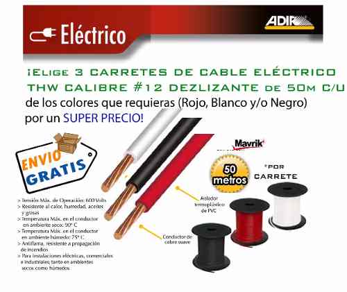 ⚡ Cable Eléctrico Thw Calibre #12 Paquete De 3 Carretes De 50m