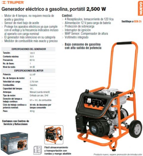 Generador Eléctrico A Gasolina 2500 W Truper Planta 15342