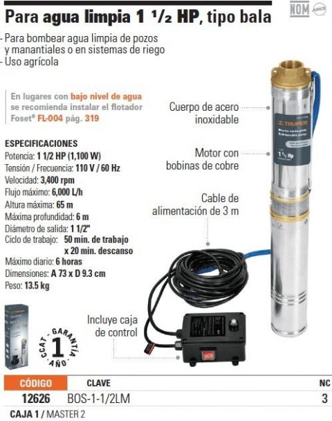 Bomba Sumergible Agua Limpia 1-1/2hp Tipo Bala Truper 12626